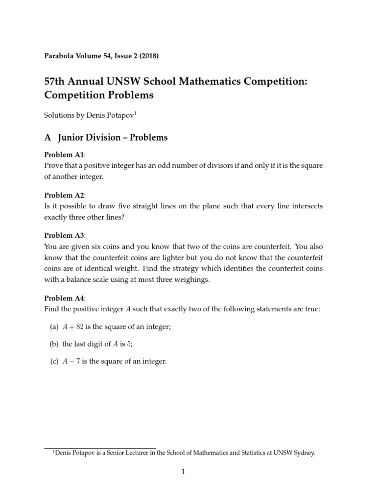 UNSW 2018 Math Competition | PDF | Elementary Mathematics | Teaching ...
