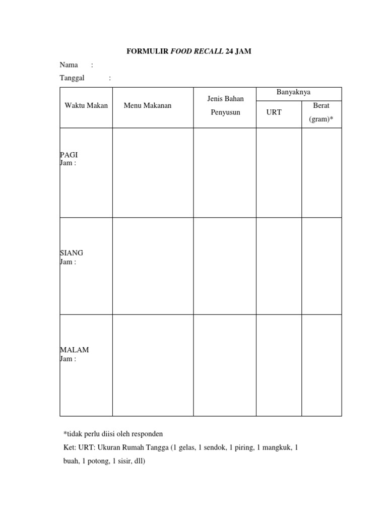 Formulir Recall Makanan 24 Jam | PDF