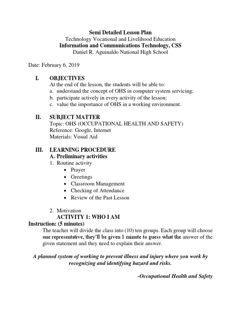 Lesson Plan OHS | Occupational Safety And Health | Lesson Plan Lesson Plan OHS | Occupational Safety And Health | Lesson Plan