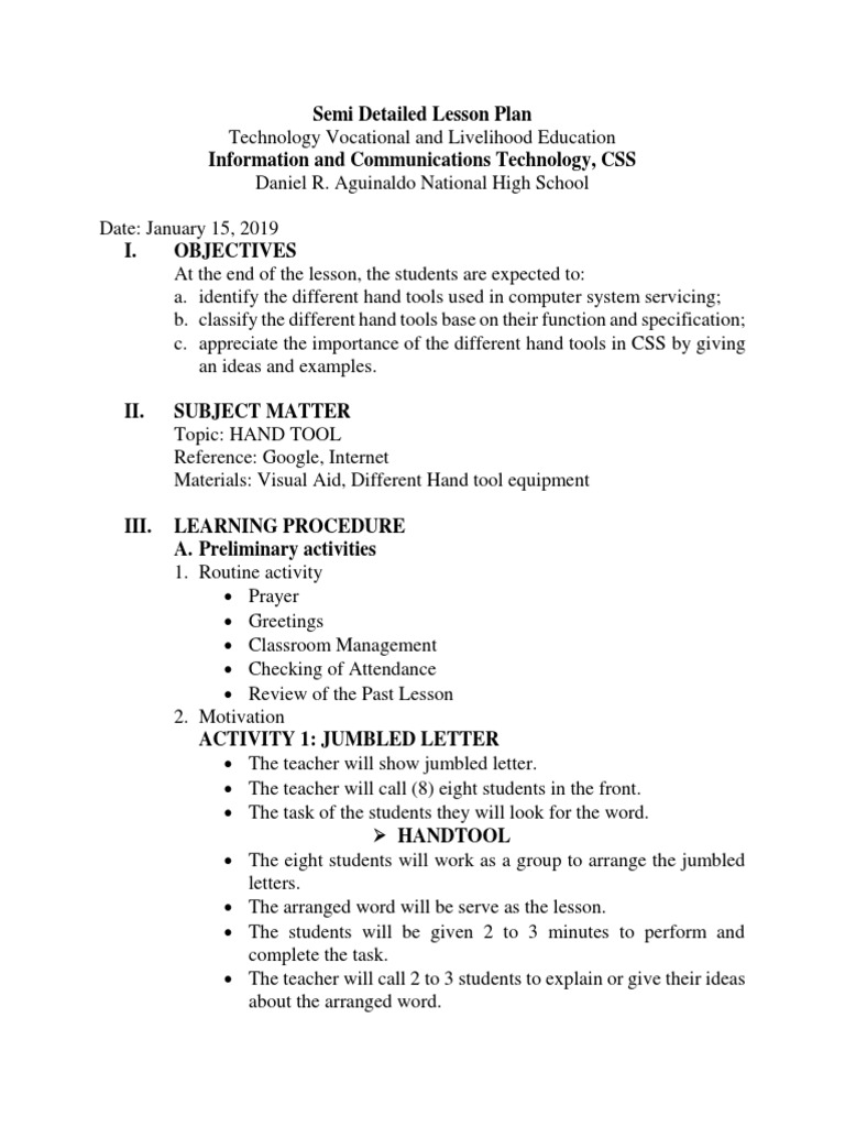 Lesson Plan HANDTOOLS | PDF | Screw | Teachers