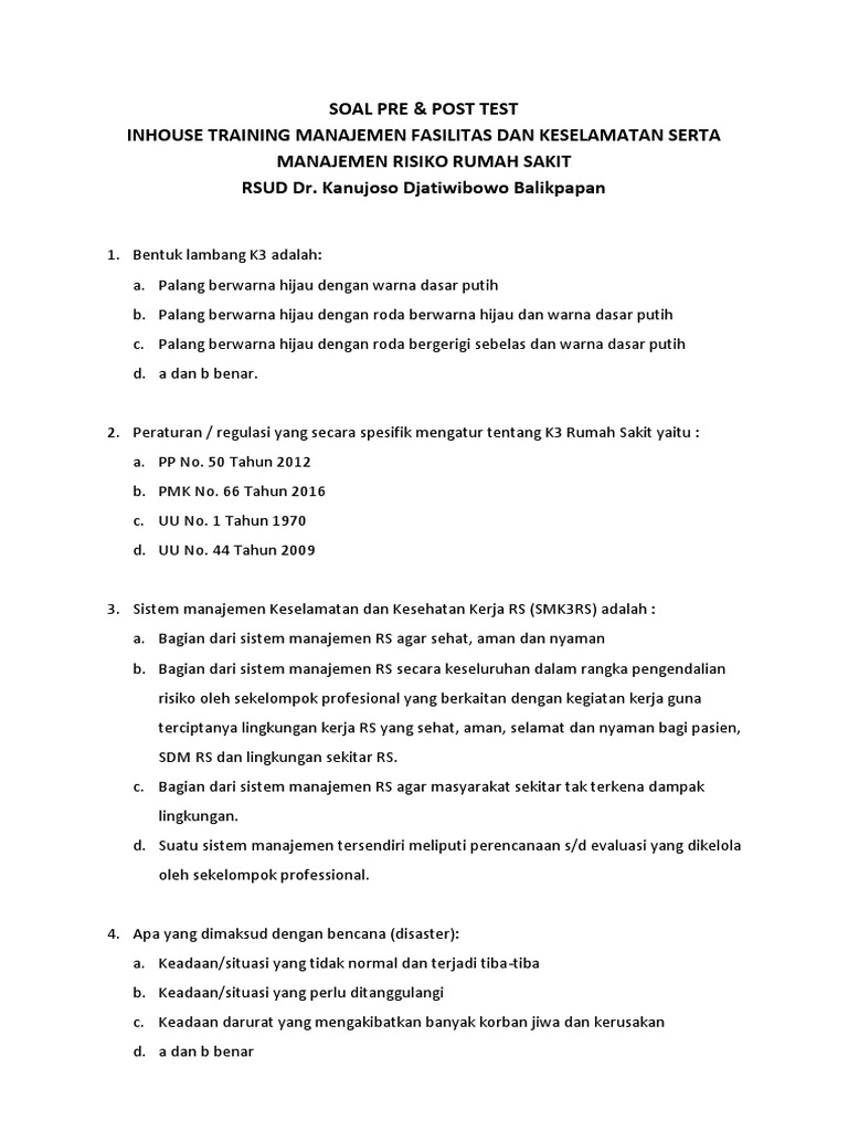 Soal Pre Dan Post Test Pelatihan MFK | PDF