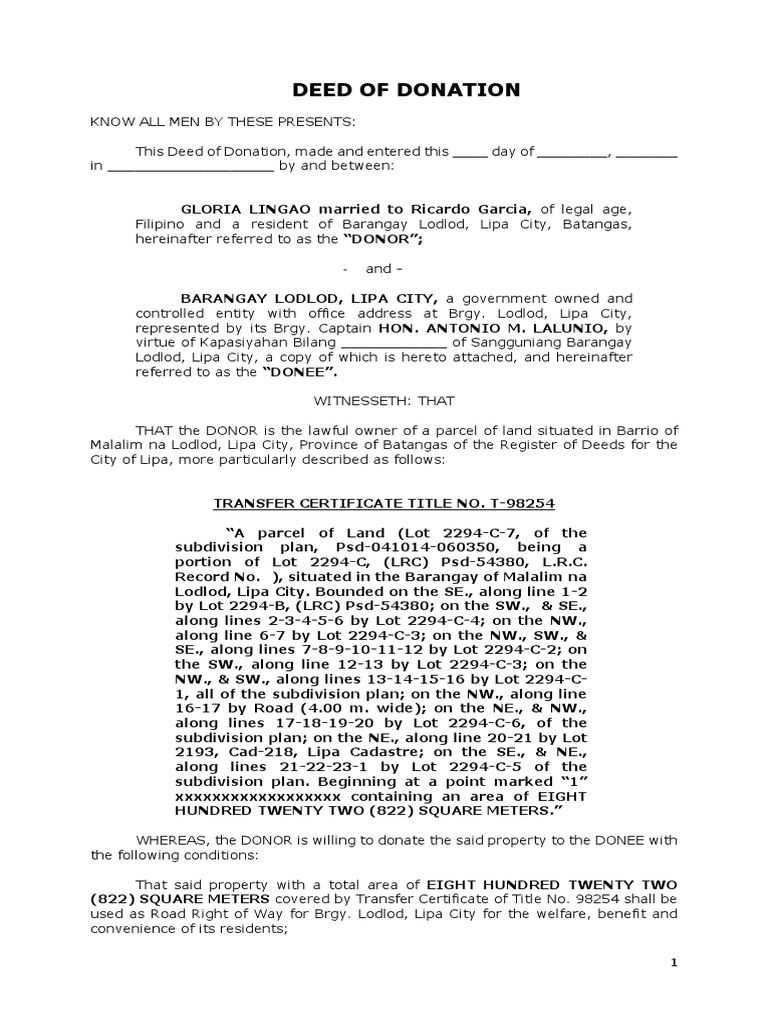 DEED of DONATION | PDF | Private Law | Civil Law (Common Law)