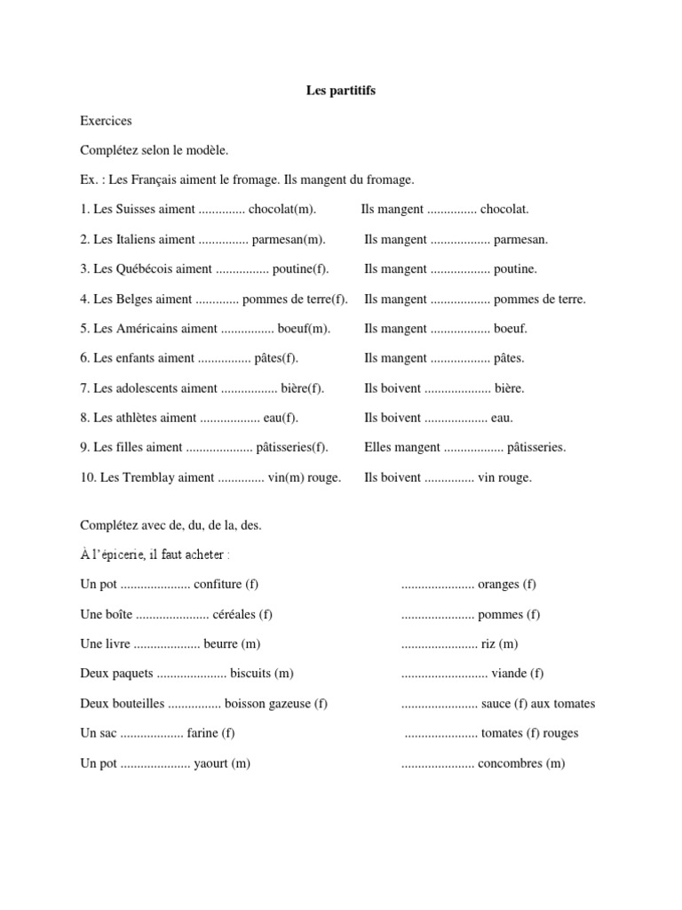 Exercices sur les Partitifs en Français | PDF