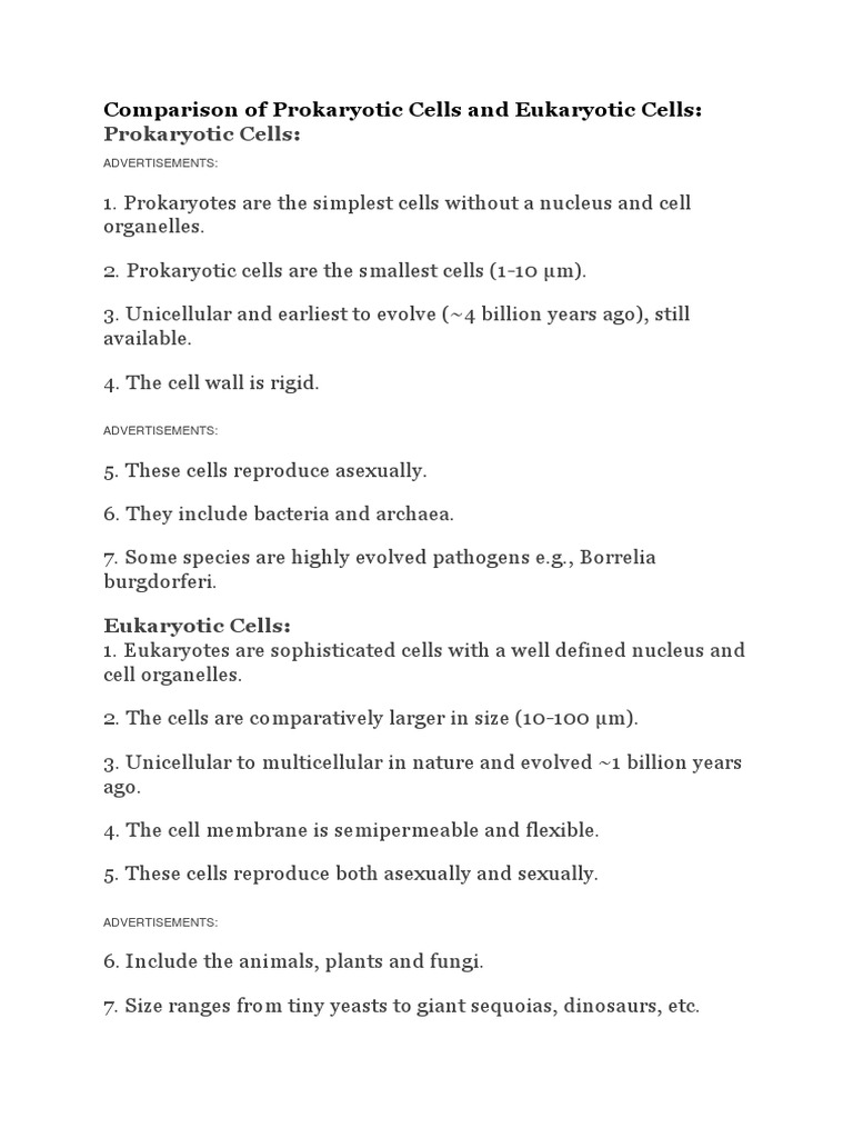 Comparison of Prokaryotic Cells and Eukaryotic Cells | PDF ...