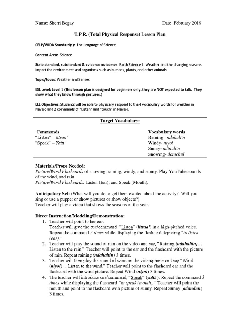 TPR Lesson | PDF | Vocabulary | Cognitive Science