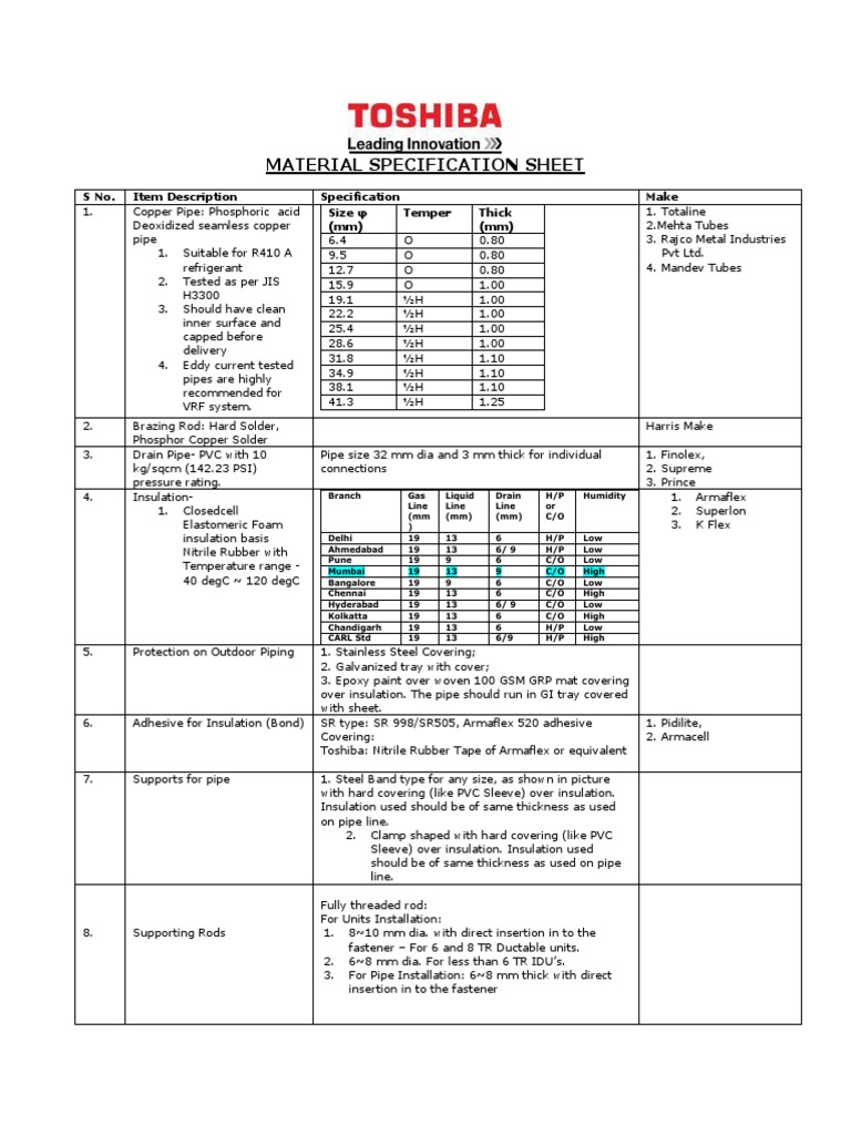 Material Specification Sheet | PDF | Pipe (Fluid Conveyance) | Building ...