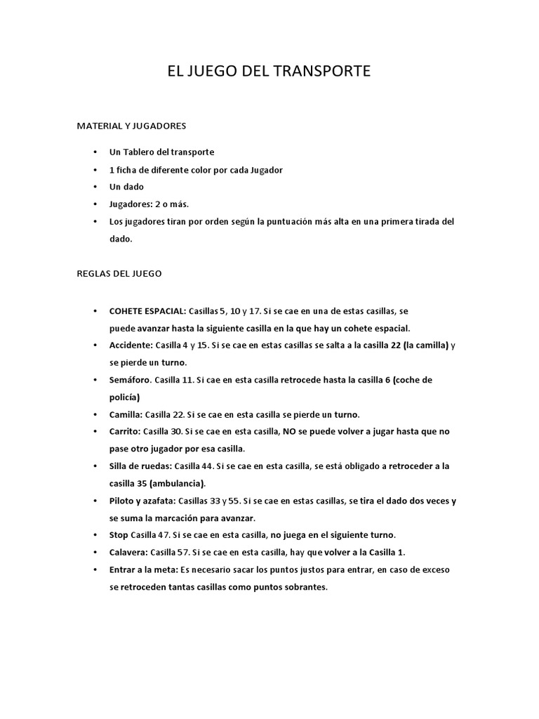 Instrucciones del Juego del Transporte | PDF | Juegos de mesa | Juegos ...