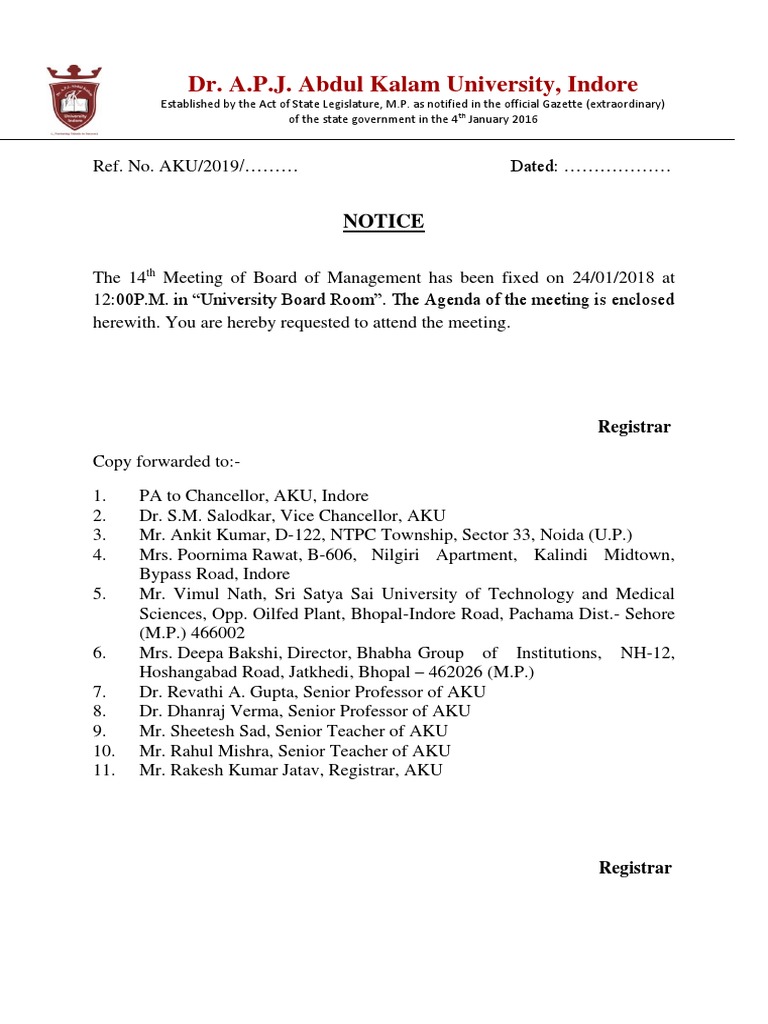 Dr. A.P.J. Abdul Kalam University, Indore: Notice | PDF