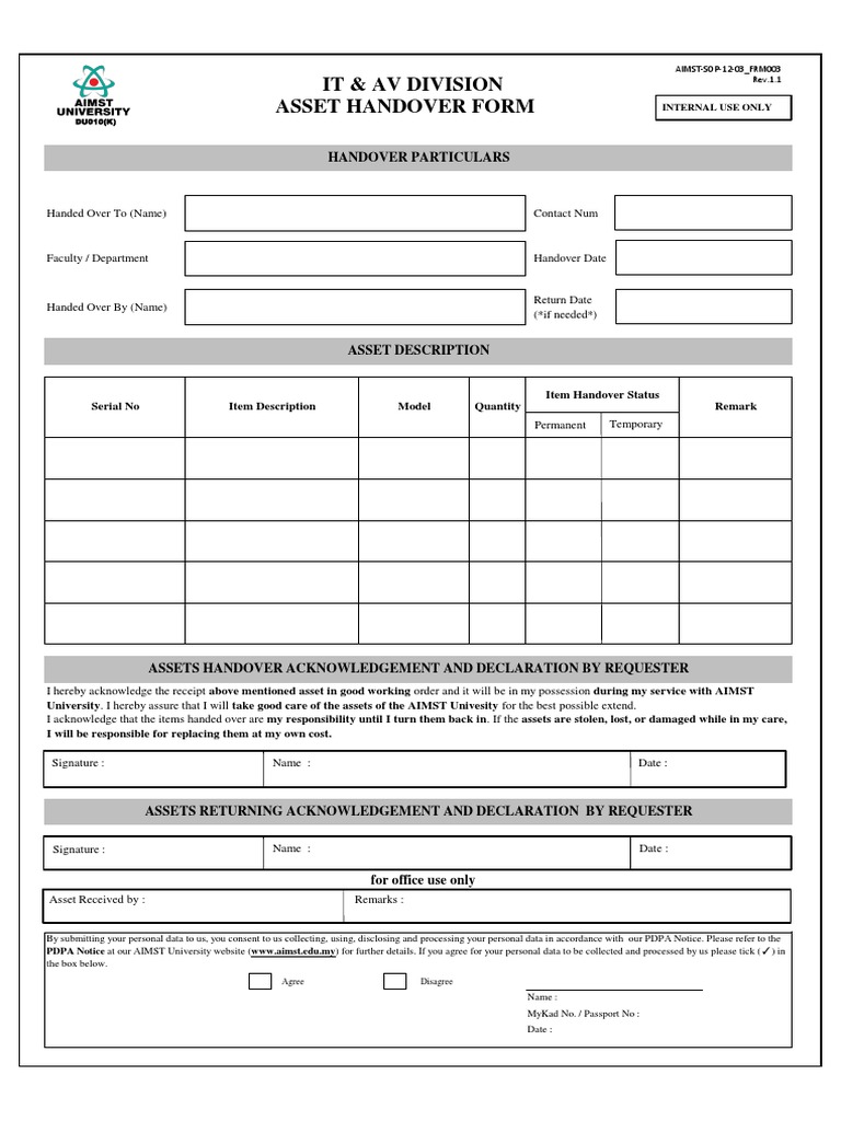 Sample Asset Handover Form | PDF | Government | Business