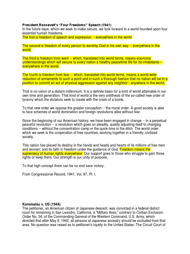 President Roosevelt's "Four Freedoms" Speech (1941) | PDF