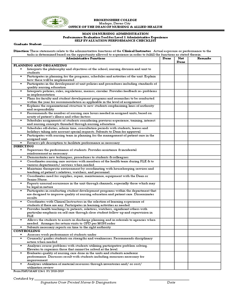 Practicum Level 1 Clinical Instructor Self Evaluation Performance ...