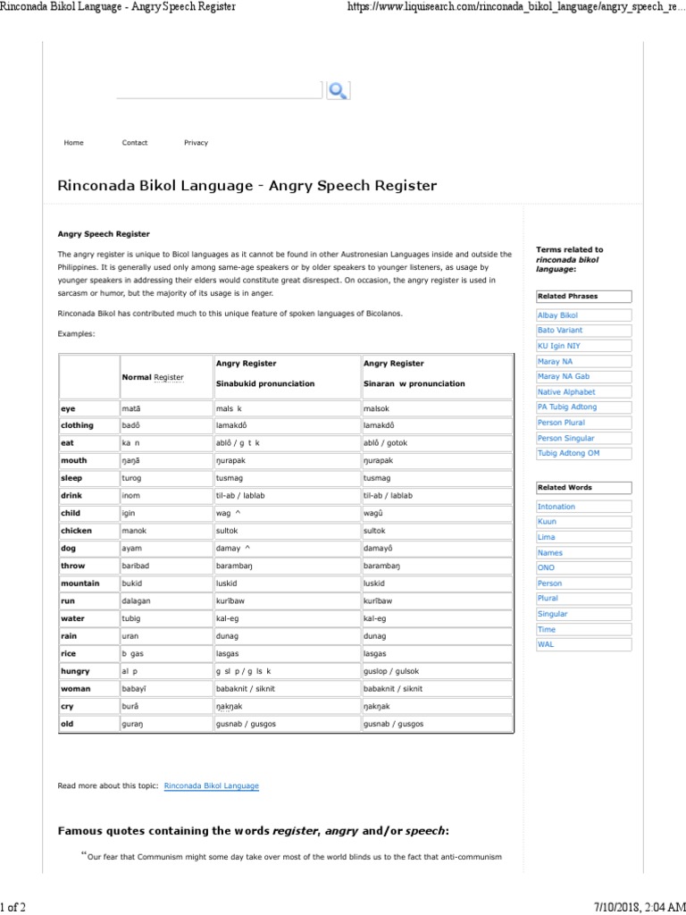 Rinconada Bikol Language - Angry Speech Register | Download Free PDF ...