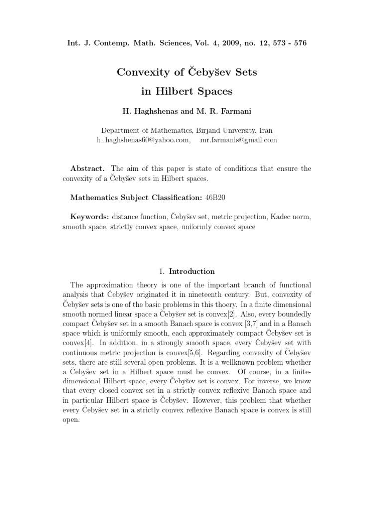 Convexity of Ceby Sev Sets in Hilbert Spaces: Int. J. Contemp. Math. Sciences, Vol. 4, 2009, No ...