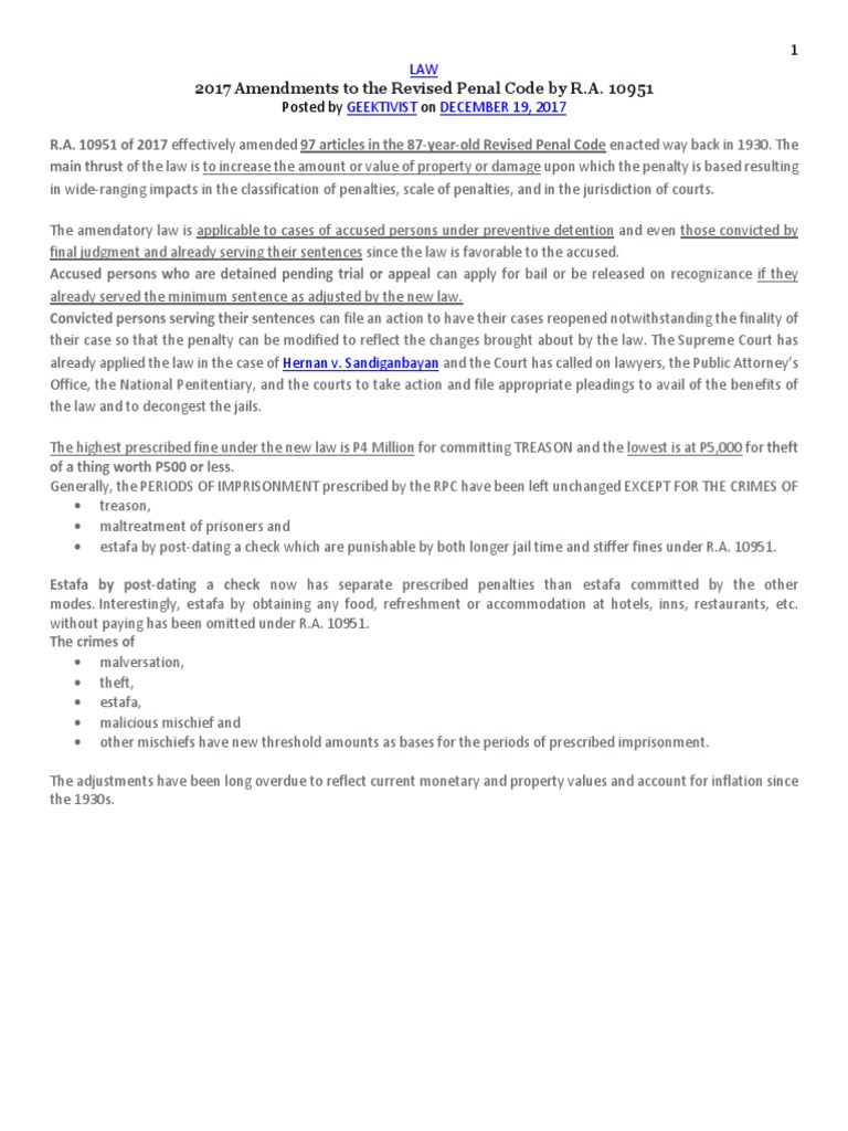 Law - Amendments To RPC On Penalties | PDF | Sentence (Law) | Prison