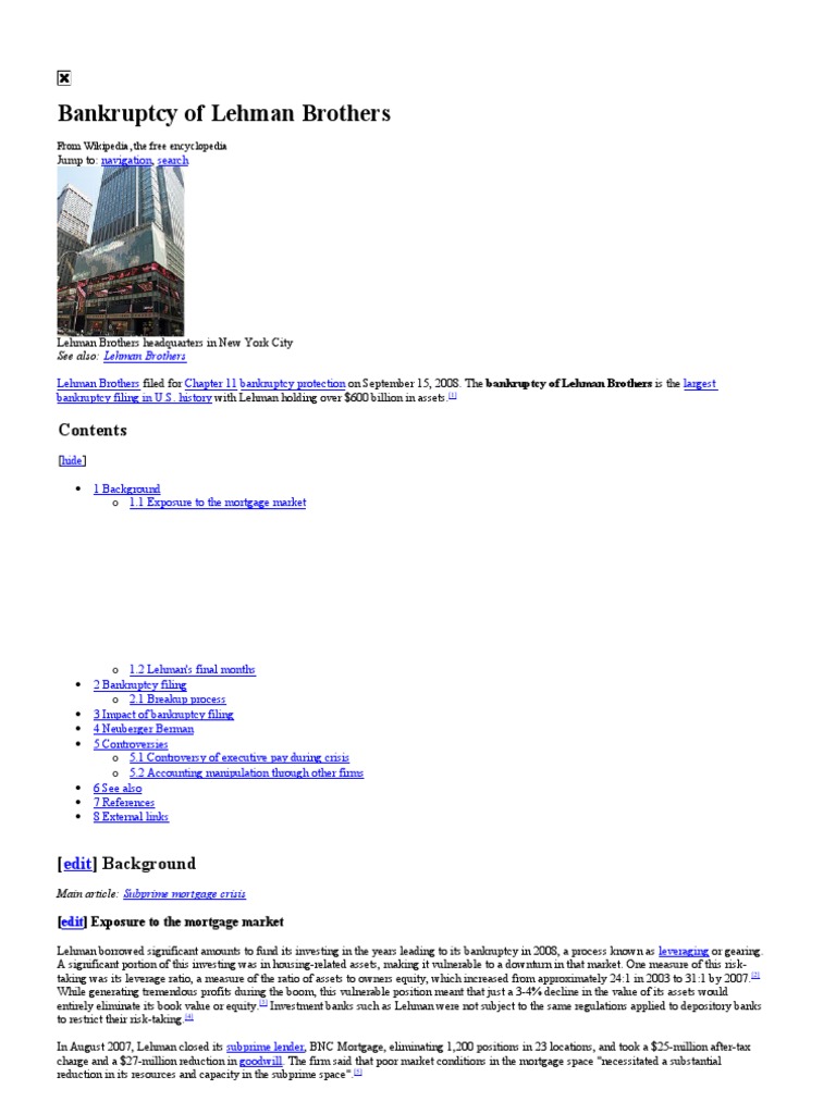 Bankruptcy of Lehman Brothers | PDF | Lehman Brothers | Banking