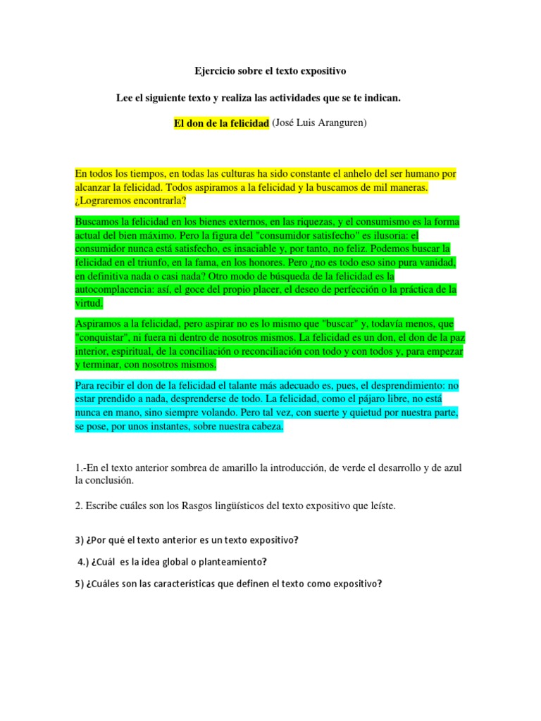 Ejercicio Sobre El Texto Expositivo