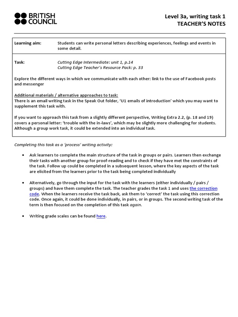 Level 3a, Writing Task 1 Teacher'S Notes: Learning Aim | PDF | Writing ...