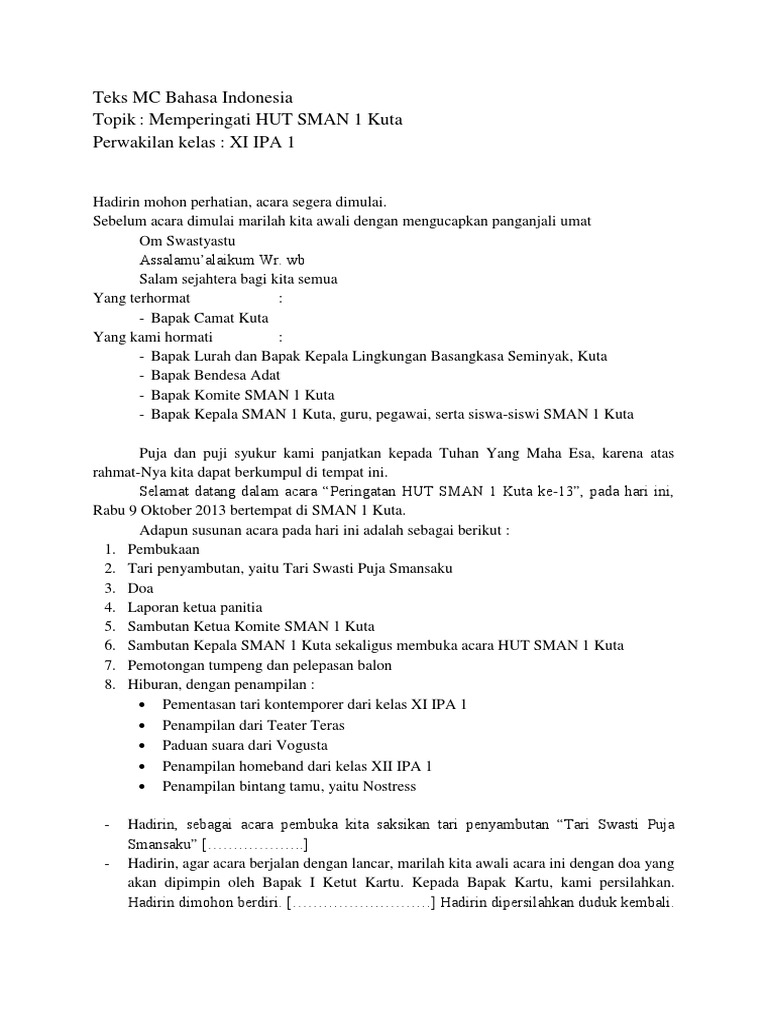Teks MC Bahasa Indonesia HUT SMA | PDF