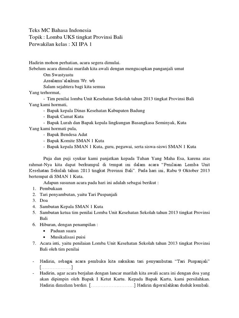 Teks MC Bahasa Indonesia UKS | PDF