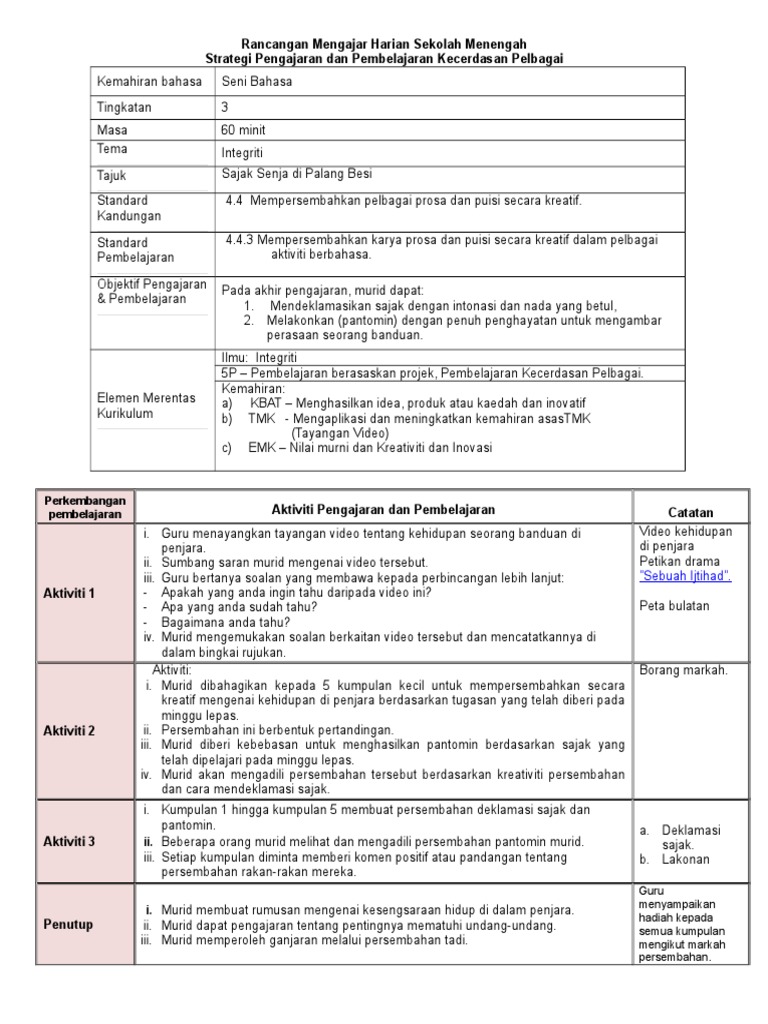 Contoh RPH Form 3 Aspek Seni Bahasa 4.4 | PDF