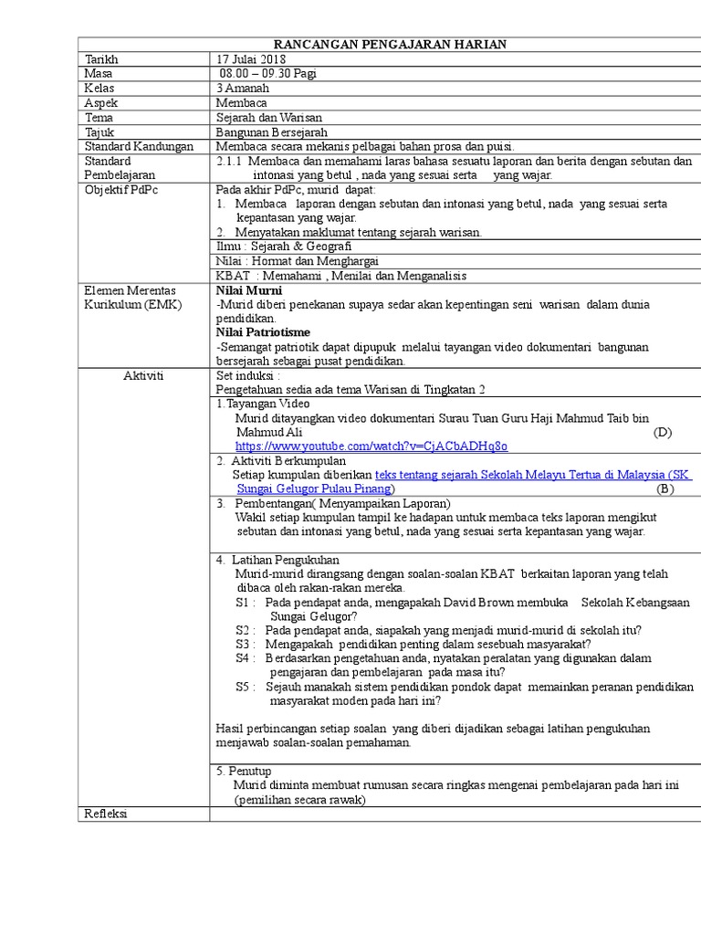 Contoh RPH Form 3 Kemahiran Membaca 2.1 | PDF
