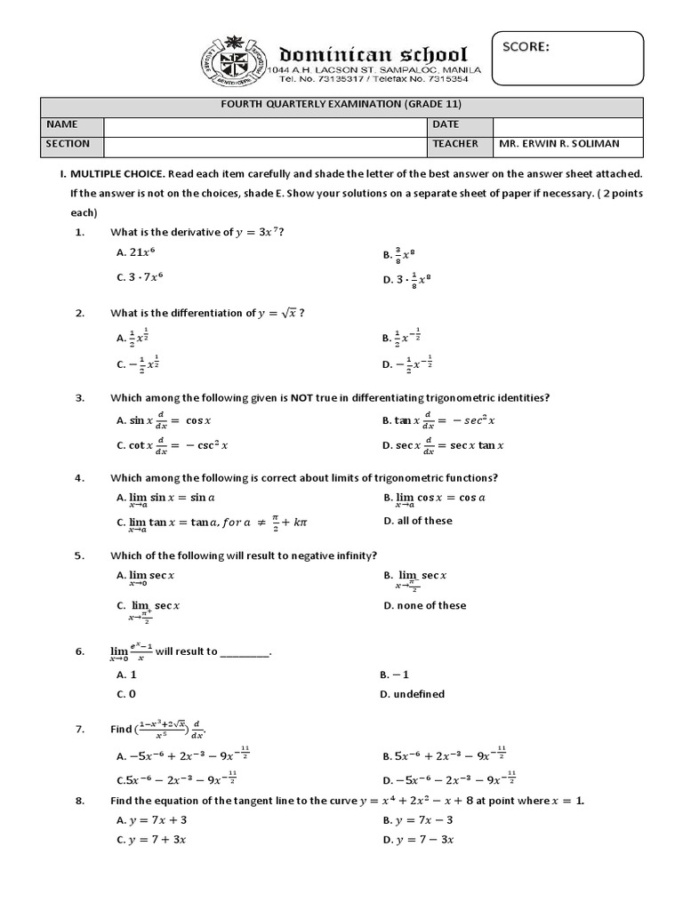 Analysis of Student Exam Scores in Calculus | PDF | Trigonometric ...