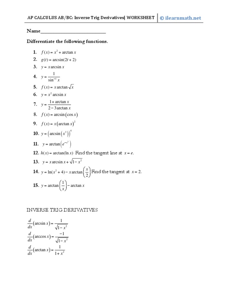Inverse Trig Derivatives Worksheet | PDF | Teaching Methods & Materials