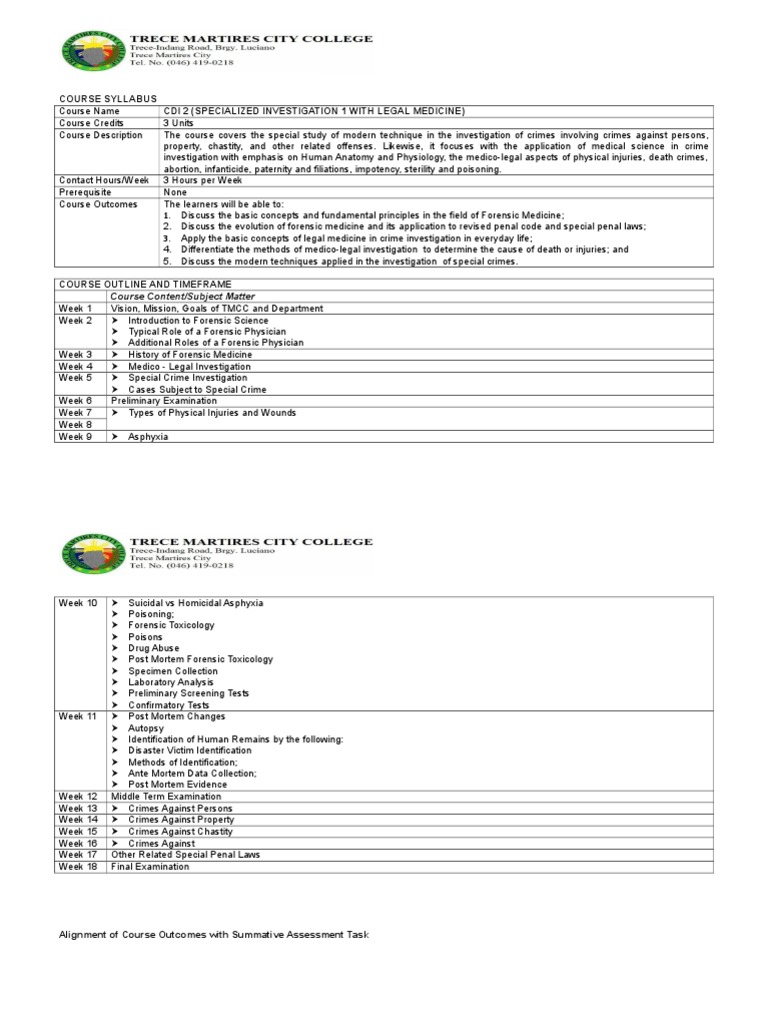 Course Syllabus Cdi 2 (Specialized Investigation 1 With Legal Medicine ...