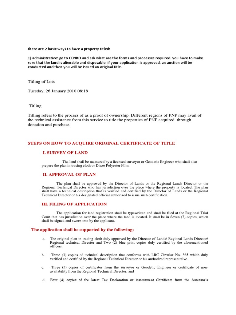 Titling of Land Procedure | PDF | Real Property | Deed