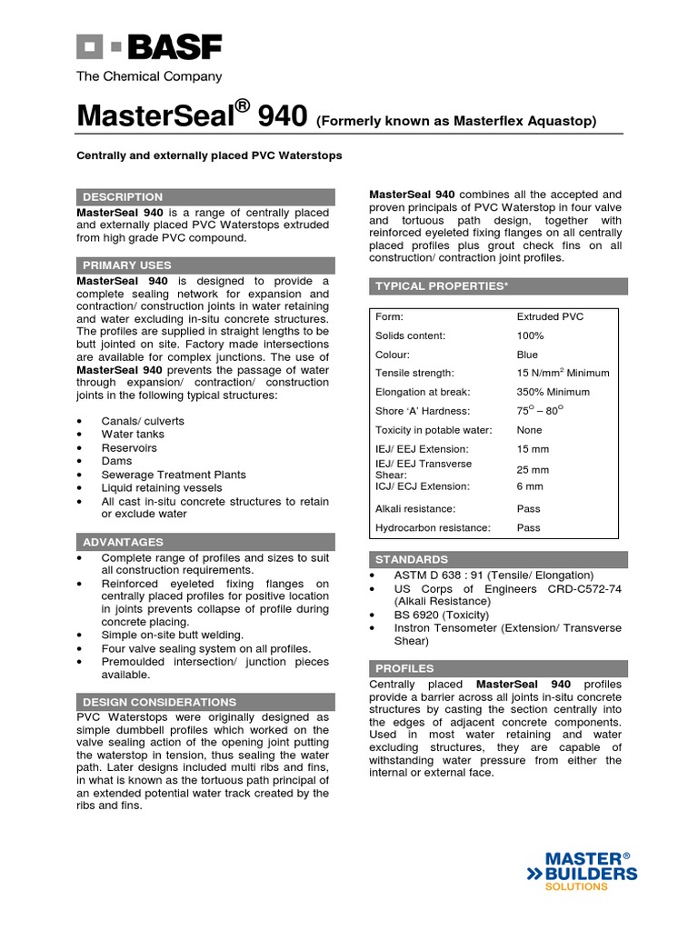 MasterSeal 940 (Masterflex Aquastop PVC Waterstop) | PDF | Concrete | Wall