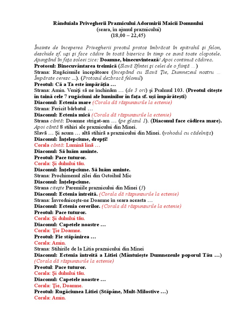 Rânduiala Privegherii Praznicului Adormirii Maicii Domnului | PDF