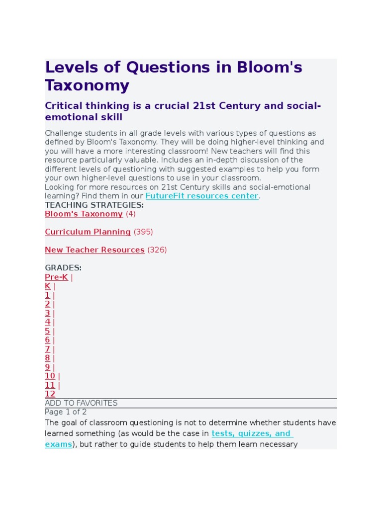 Bloom's Taxonomy Question Levels | PDF | Reading Comprehension | Teachers