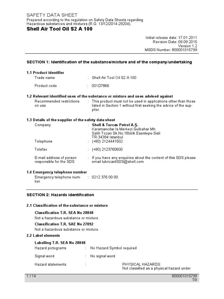 Msds en Shell Air Tool s2 A 100 | PDF | Toxicity | Personal Protective ...