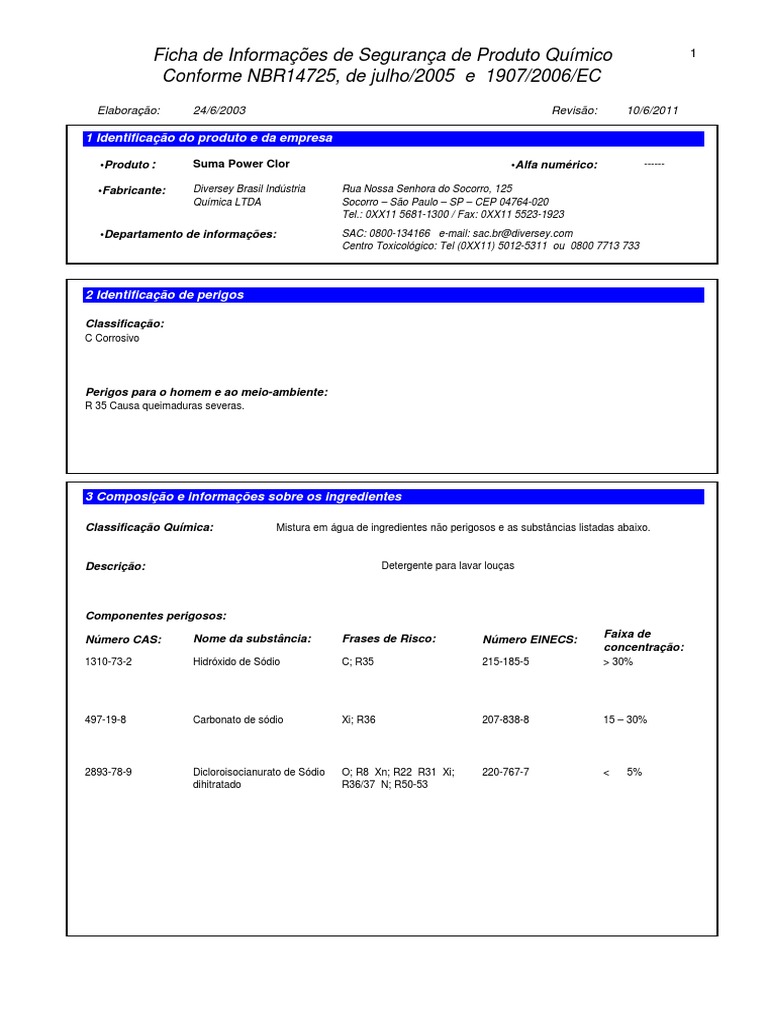 FISPQ - Suma Power Clor | PDF | Embalagem e rotulagem | Hidróxido de sódio