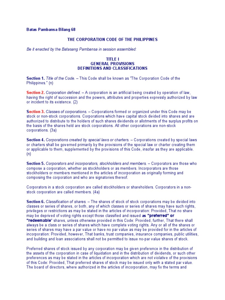 Corporation Code of The Philippines | PDF | Corporations | Preferred Stock