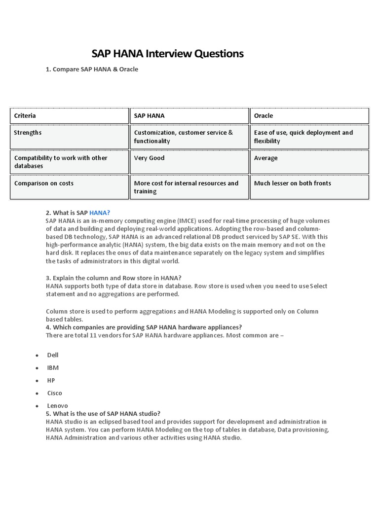 SAP HANA Interview Questions | Download Free PDF | Replication (Computing) | Sap Se