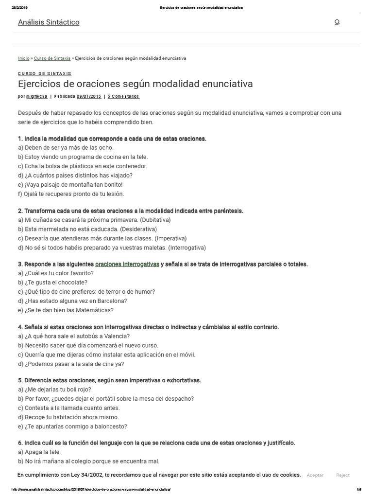 Ejercicios de Oraciones Según Modalidad Enunciativa | PDF | Sintaxis ...