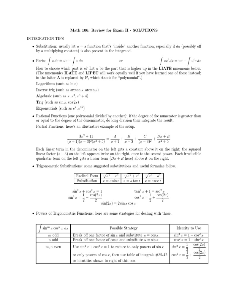 Math 106: Review For Exam II - SOLUTIONS: Udv Uv Vdu Uv DX Uv U VDX ...