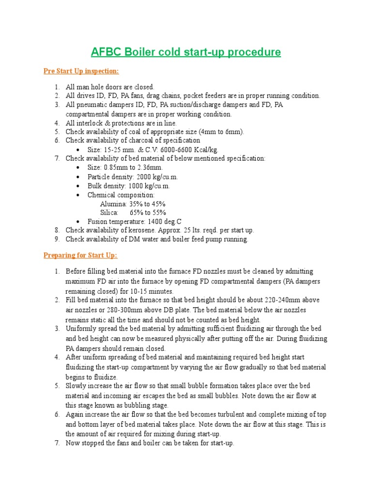 AFBC Boiler Cold Start-Up Procedure | PDF | Boiler | Combustion