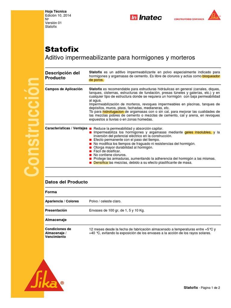 Hoja técnica de Statofix, un aditivo impermeabilizante para hormigón y ...