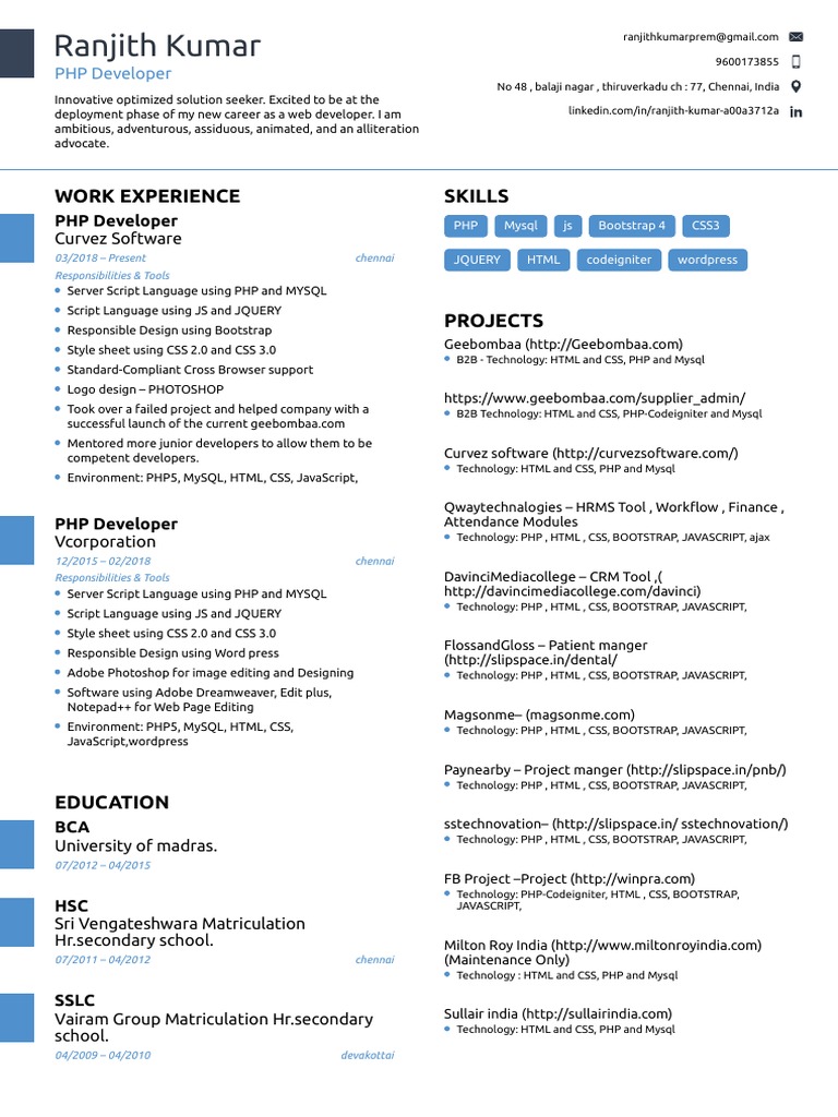 Ranjith's Resume (3) | Cascading Style Sheets | Bootstrap (Front End ...