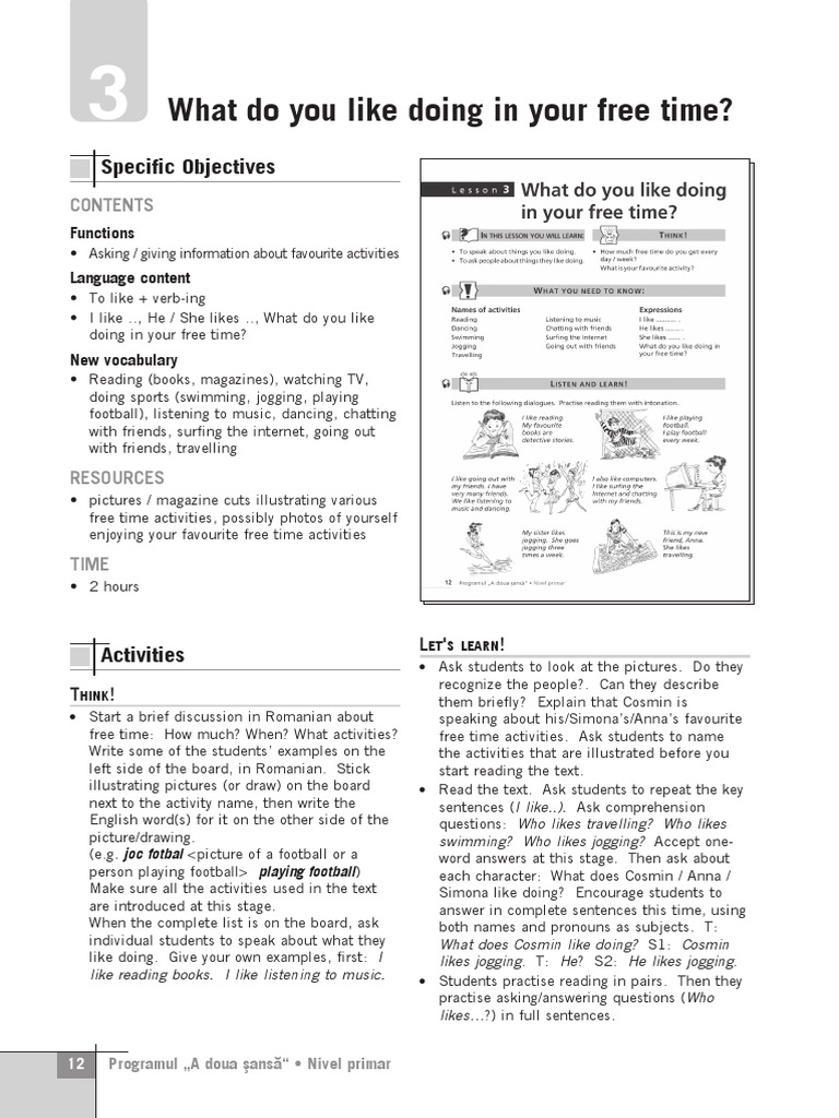 What Do You Like Doing in Your Free Time?: Specific Objectives | PDF ...