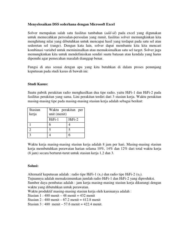 Menyelesaikan DSS Sederhana Dengan Microsoft Excel Solver ... | PDF