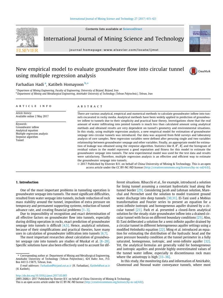 New Empirical Model To Evaluate Groundwater Ow Into Circular Tunnel Using Multiple Regression ...