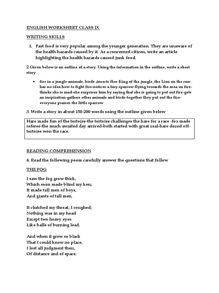 Class 9 English Worksheet Activities | PDF