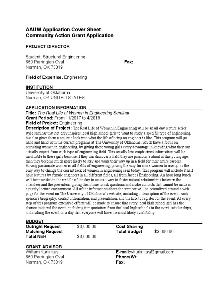 AAUW Application Cover Sheet Community Action Grant Application | PDF