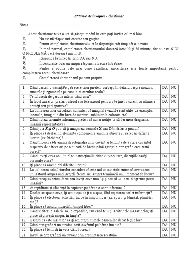 Chestionar Stiluri de Invatare VARK | PDF