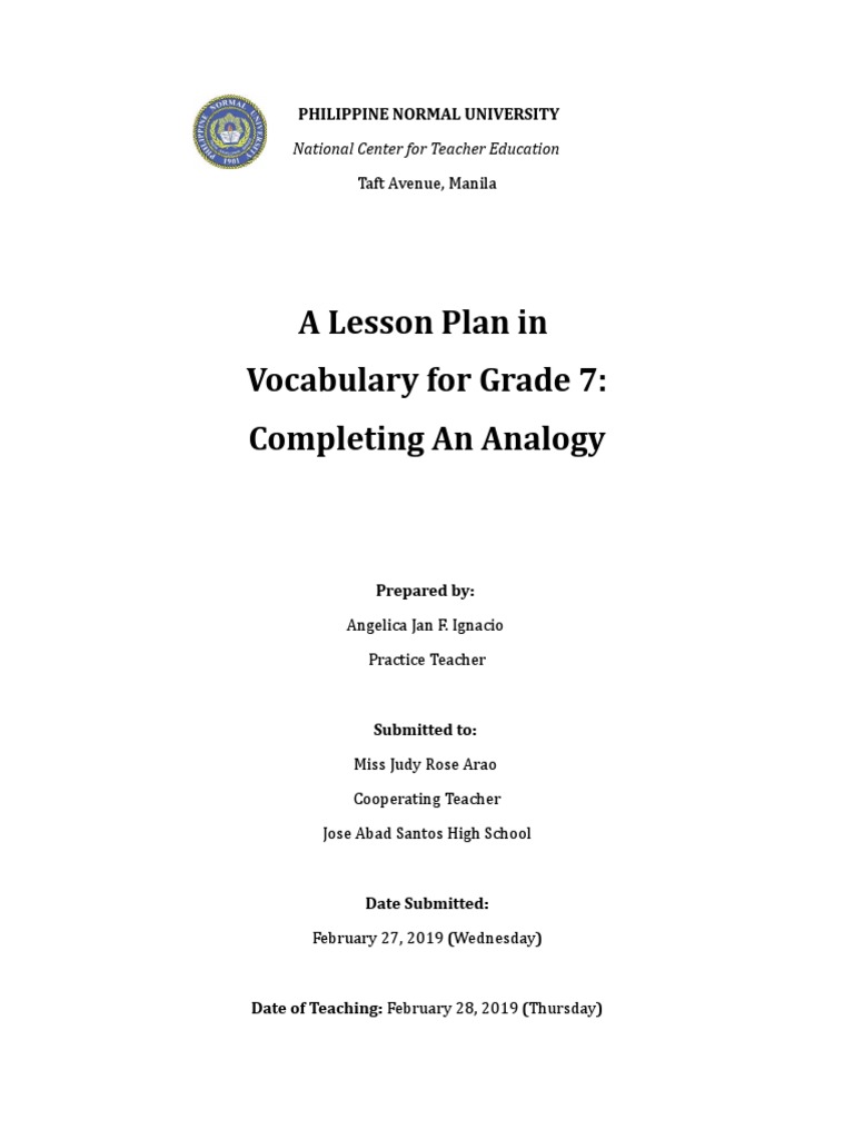 Lesson Plan in Analogy | Download Free PDF | Analogy | Lesson Plan