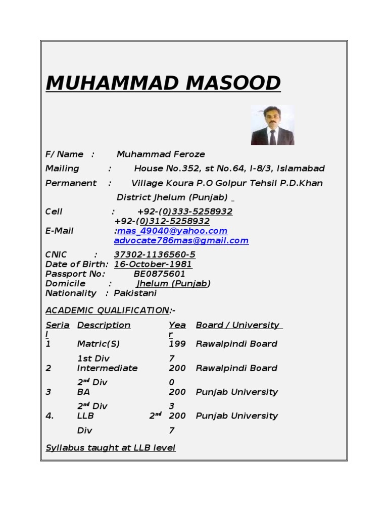 CV of Masood | PDF | Pakistan | Virtue