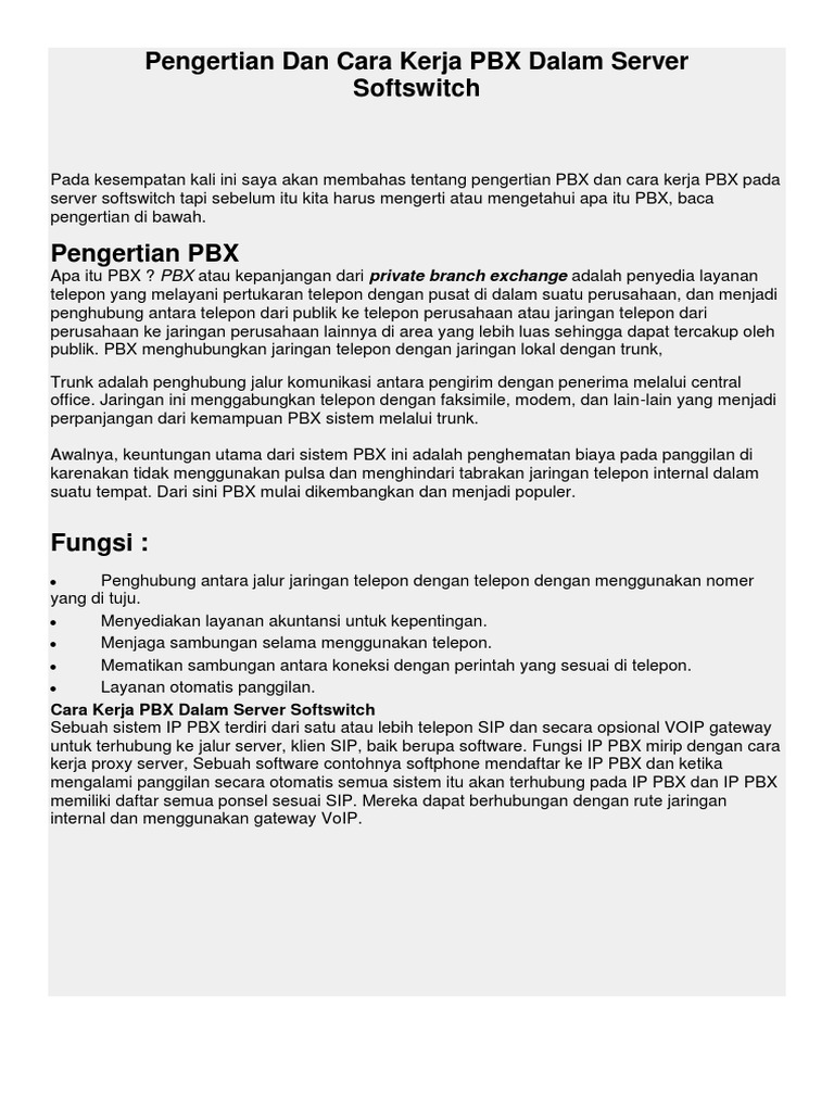 Pengertian Dan Cara Kerja PBX Dalam Server Softswitch | PDF | Bisnis | Komputer